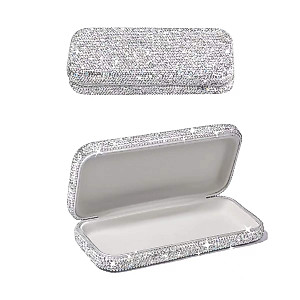 Unisex Bling Diamond-Encrusted Hard Portable Protective Shell Eyeglasses Cases for Women Men with Cleaning Cloth (Silver)