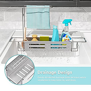 NiHome Adjustable Telescopic Sink Storage Rack - 2-in-1 Stainless Steel Organizer for Kitchen and Bathroom, with Non-Slip Expandable Drain Basket, Sponge Caddy, Dish Cloth and Rag Hanger (Silver)