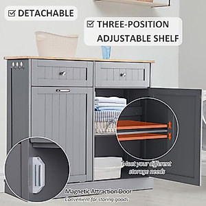 Spurgehom Dual Door Tilt Out Trash Can Cabinet,13 Gallon Laundry Hamper Trash Cabinet Kitchen Waste Bins Pull Out, Pet Proof Recycling Cabinet for Living Room,Grey