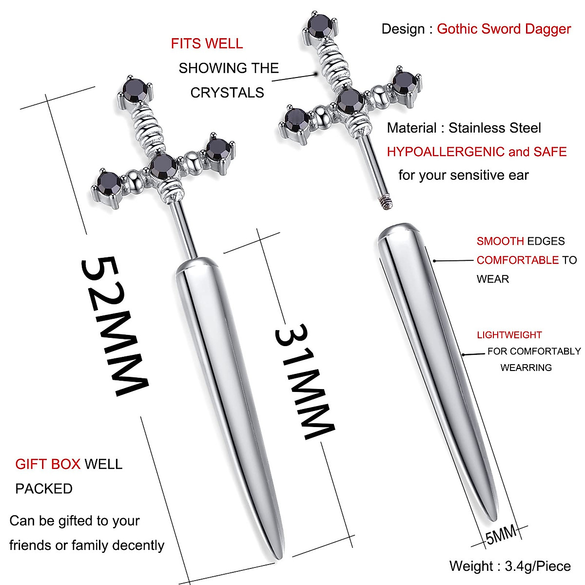 CHASELOV Gothic Earrings For Women, Sword Earrings, Goth Dagger Screw Back Earrings, Cool Mens Earrings, Fake Gauge Illusion Jewelry, Stainless Steel 18g Ear Jacket Earrings (Silver)