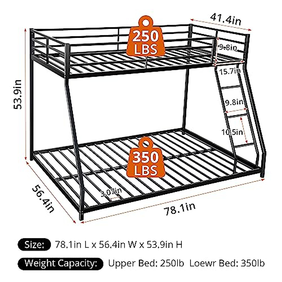 Metal Bunk Bed Frame, Twin Over Full Bunk Bed with Ladder and Full-Length Guardrail, Sturdy Support Slats for Teens Adults, Noise Free, Black