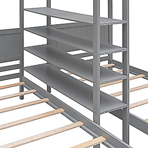 BOVZA Modern Triple Bunk Bed Frame, Twin XL Over Twin&Twin Wooden Bunk Bed with Built-in 4 Shelves and Ladder, Saving Space, Gray