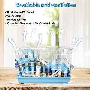 kathson Hamster Cages and Habitats Large Gerbil Cage with Accessories Hut Exercise Wheel Water Bottle Bowl Bathtub Small Animal Basic Cage for Syrian Hamster，3- Levels，22" L x 12.5" W x 14" H，Blue