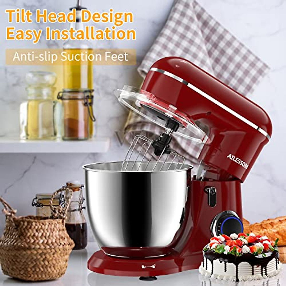 AILESSOM 3-IN-1 Electric Stand Mixer, 660W 10-Speed With Pulse Button, Attachments include 6.5QT Bowl, Dough Hook, Beater, Whisk for Most Home Cooks, Empire Red