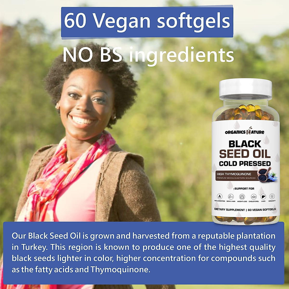 ORGANICS NATURE Black Seed Oil Capsules 1000MG Vegan Softgels, for Hair & Skin, Heart Support, Nigella Sativa - 100% Cold Pressed Cumin Seed Oil Capsules High Thymoquinone, Omega 3s