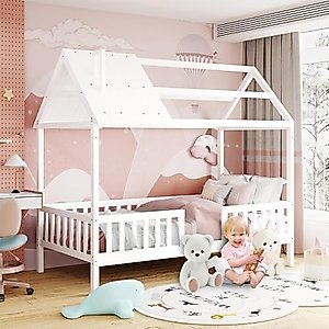 LostCat Kids House Bed,Twin Size Bed House Wood Montessori House Bed Frame with Fence and Rails, House Bed Kids Montessori Beds Playhouse Tent Bed, Solid Wood Platform Bed Frame for s, White