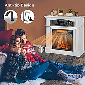 COSTWAY 32-inch Electric Fireplace with Mantel, Adjustable Freestanding Heater with Remote Control, Shelf, 3D Flame Brightness, Overheat Protection, Mantel Fireplace for Living Room, 1400W (White)