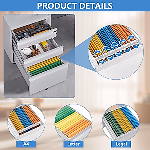 3 Drawer Mobile File Cabinet, Under Desk Metal Filing Cabinet with Lock and Wheels, Filing Cabinets for Home Office, Legal/Letter/A4 File Folders Storage, 15.35"Wx19.68"Dx25.59"H Unassembled(WHITE)