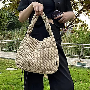 Knoted Trendy quilted tote bag | padded cassette shoulder handbags for women | Puffer Bag Padded bags(Khaki)