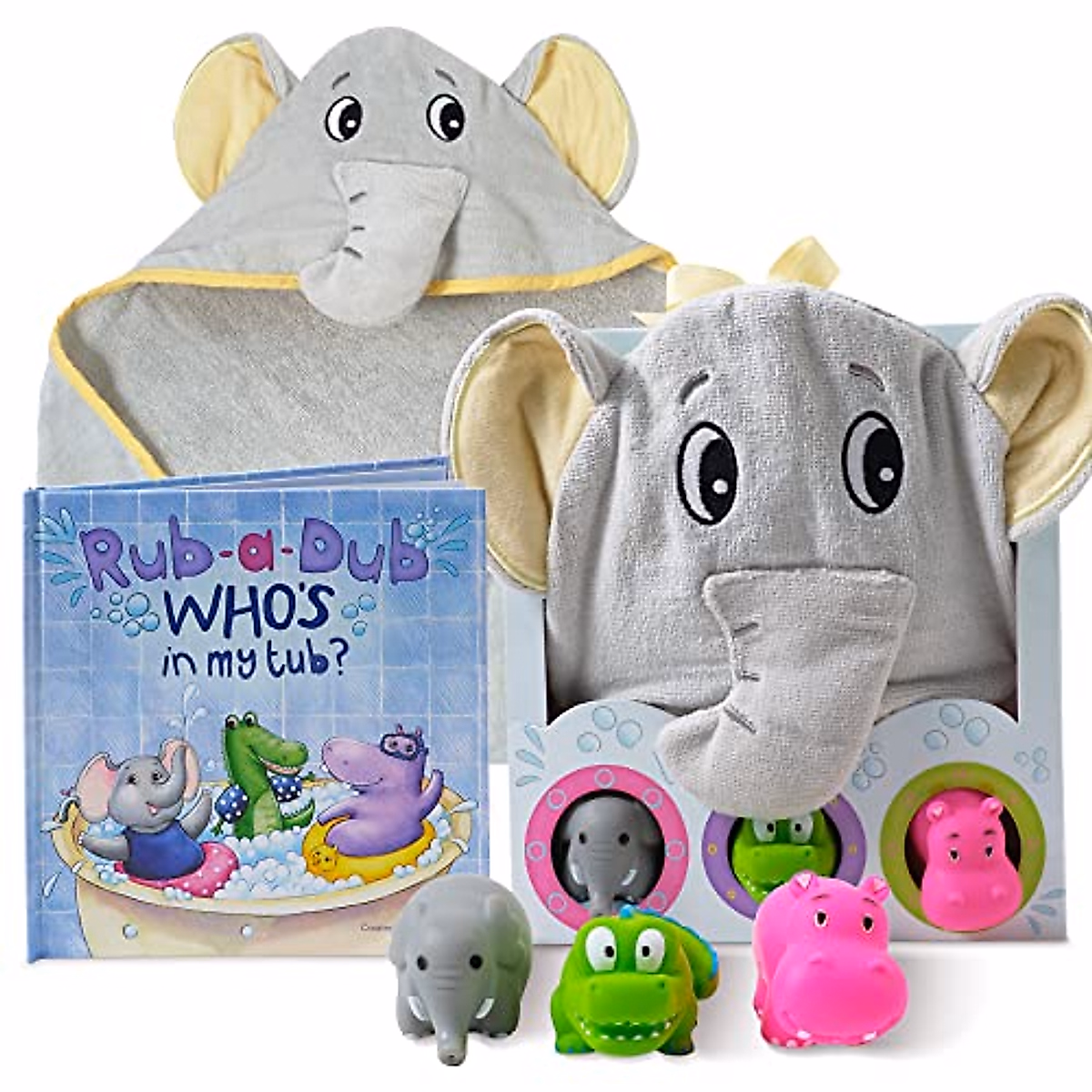 Tickle & Main Rub-a-Dub Gift Set, 5-Piece Bath Set Includes Elephant Hooded Towel, 3 Jungle Safari Squirt Toys, and Book for Boys and Girls!