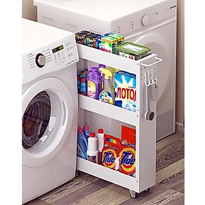 OKZEST Rolling Slim Storage Cart, 3-Tier Narrow Utility Kitchen Cart on Wheels, Metal Narrow Storage Cabinet Organizer Cart for Small Spaces in Laundry Room, Kitchen, Bathroom - 5-Inch Width