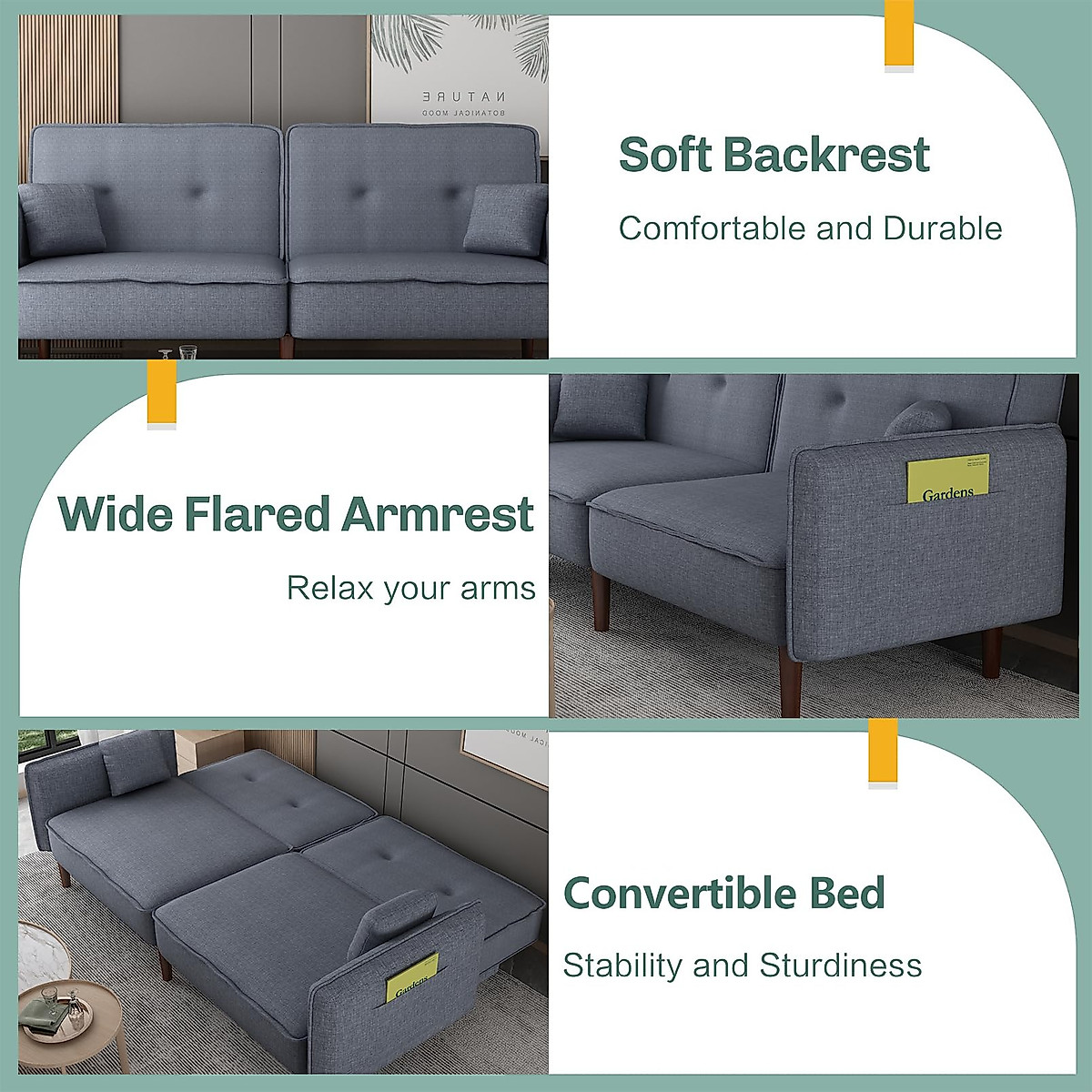 OTRIEK 75" Convertible Futon Sofa Bed with 2 Pillows and Storage Pockets, Modern Upholstered Couch Sleeper Sofa Folding Lounge for Living Room Small Space Apartment (Grey)