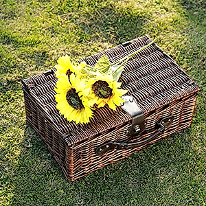 HYBDAMAI Willow Picnic Basket Set for 4 Persons with Waterproof Picnic Blanket, Wicker Picnic Basket for Camping, Outdoors, Valentine's Day, Christmas, Thanksgiving, Birthday