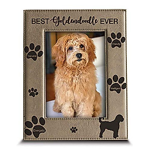 BELLA BUSTA - Best Goldendoodle Ever-Dog photo frame-Dog Lover Gift-Engraved Leather Picture Frame (5 x 7 Vertical)
