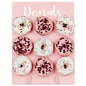 OWOYDOJ Donut Wall Display Stand Wood, Reusable Rustic Doughnut Board Holder for Baby Showers, Bridal Shower, Birthday, Wedding, Donut Party Supplies, Holds 9 Donuts (Pink, 1)