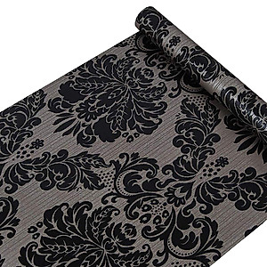 Self Adhesive Vinyl Decorative Black Damask Contact Paper for Cabinets Door Sheves Drawer Dresser Wall Sticker Decal (17.7x197 Inches)