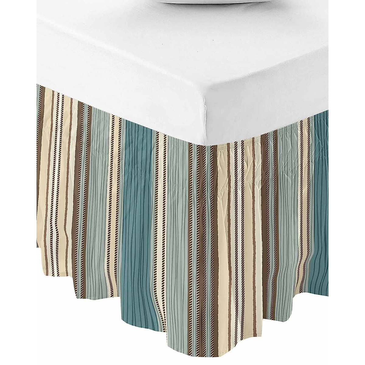 Teal Blue Green Striped Boho Bed Skirt Queen Size 18 Inch Drop,Adjustable & Elastic Wrap Around Bed Skirts Luxury Ruffles for Twin Full Queen Cal King Bed,Antique Southwestern Native Pattern Tribal