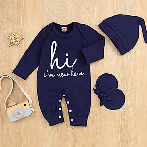 GRNSHTS Newborn Baby Boy Romper Coming Home Outfits Letter Print Bodysuit Jumpsuit+Hat+Gloves 3PCS Clothes Set (A-Navy Blue, Newborn)