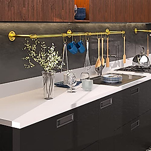 MOUTIK Industrial Pipe Clothes Hanging Rack: Wall Mounted Iron Clothing Storage Hanger Rod - Heavy Duty Multi-Purpose Metal Garment Bar for Closet Laundry Room Gold