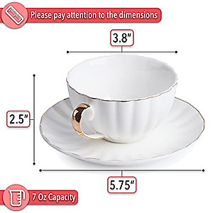 BTaT- Tea Cups and Saucers, Set of 6 (7 oz) with Gold Trim and Gift Box, Cappuccino Cups, Coffee Cups, White Tea Cup Set, British Coffee Cups, Porcelain Tea Set, Latte Cups