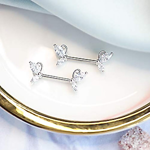 CHARM ONLINE 2PCS 14G 316L Stainless Steel Clear (Butterfly CZ Nipple Rings Barbell Crystal Nipple Piercings Jewelry for Women)