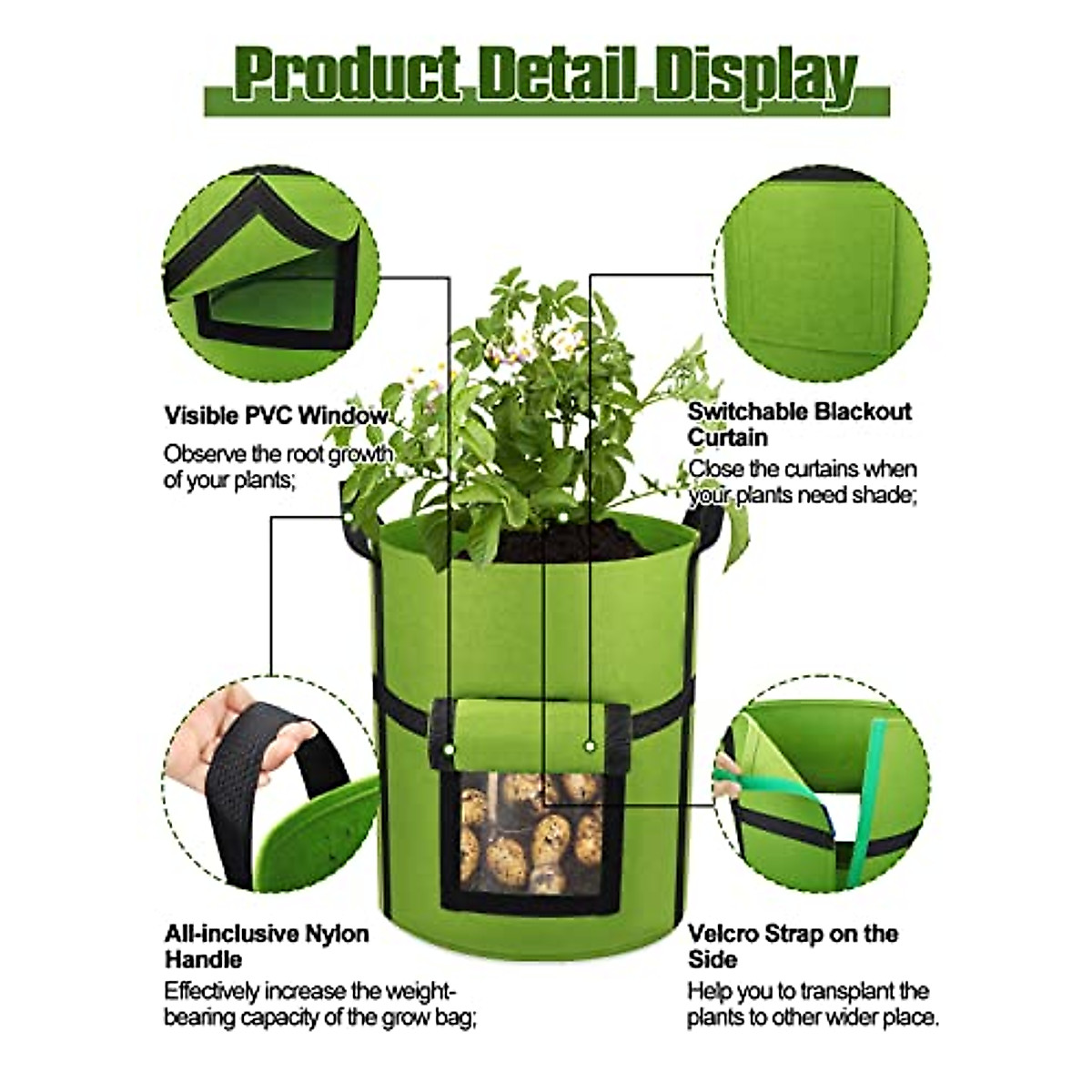 Kalolary 10 Gallon Potato Grow Bags, 3PCS Portable Grow Pots with Flap and Handles Planting Grow Bag with Visible Window, Nonwaven Fabric Garden Plant Bags for Vegetable Fruits, 10PCS Planting Labels