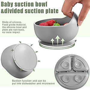Potchen 14 Pack Baby Feeding Set, Silicone Baby Led Weaning Feeding Supplies with Suction Bowl Divided Plate Adjustable Bib Soft Spoon Fork Snack Cup with Lid Drinking Cup, Utensil (Army Green, Grey)