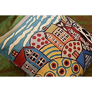 Kashmir Designs Blue Coastal Throw Pillow Cover | Karla Gerard Seaside Cat Pillow | Folklore Pillowcase | Nautical Chair Cushion | Flower Couch Pillow | Hand Embroidered Cushions Wool Size - 18x18