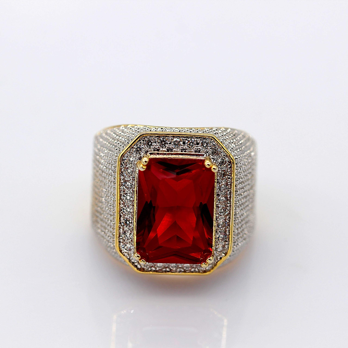 Uloveido Men's Emerald Cut Red Cubic Zirconia Ring with Wide Band Dainty Birth-stone Ring Birthday Father's Day Gifts Idea for Men Husband (Size 12) RA408