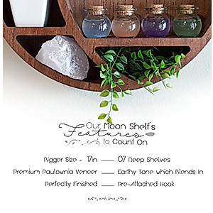 Kuuza Crescent Moon Shelf for Crystals | Moon Phase Shelf | Wooden Moon Shelf | Wall Decoration for Stone Crystals and Essential Oils | Moon Phases Wall Art, Brown, 17 inch x 17 inch x 3.4 inch