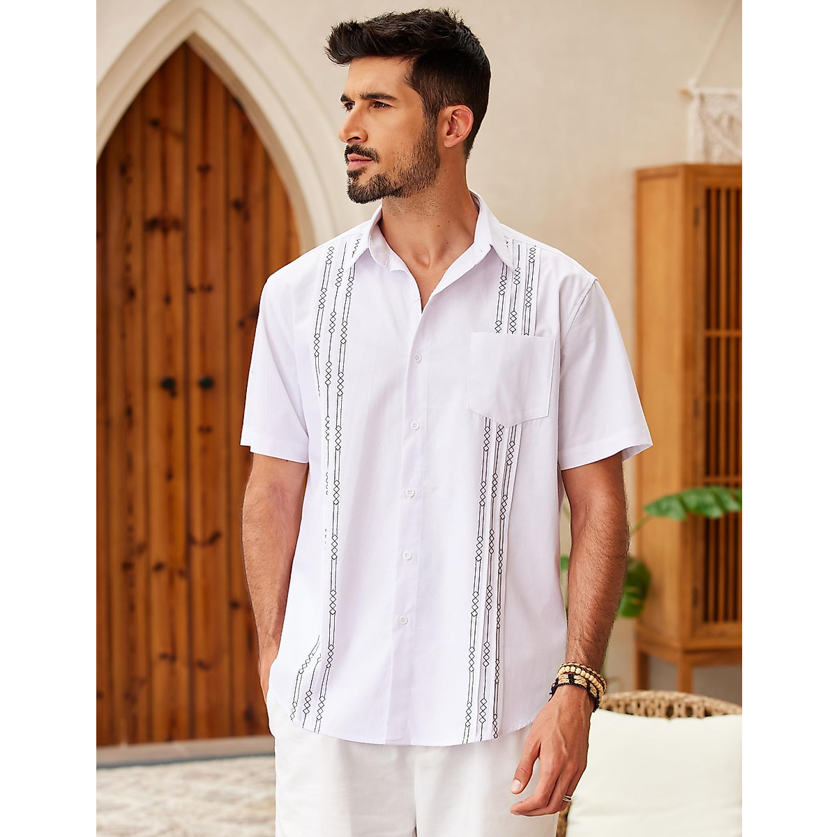 COOFANDY Men Linen Beach Shirt Casual Button Down Dress Shirt Summer Hawaiian Shirts White