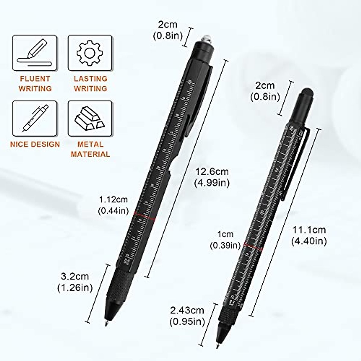 Tools for Men,Cool Gadgets,2 Pack 9 in 1 Multitool Pen Set with LED Light, Touchscreen Stylus, Ruler, Level, Bottle Opener,Flathead, and Ballpoint Pen(Black）