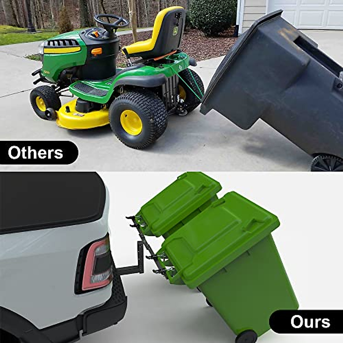 ELITEWILL 2” Double Can Garbage Towing Trailer Hitch,Trash Can Transporter Hauler Fit for Truck/Golf Cart/ATV/UTV/Trailer with 2in Hitch Receiver