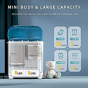 VCJ Portable Washing Machine, Twin Tub Washing Machine Laundry Compact Washer spinner Combo with 14lbs capacity, 9Lbs Washer and 5Lbs Spinner dryer for Apartments RVs and Dorms