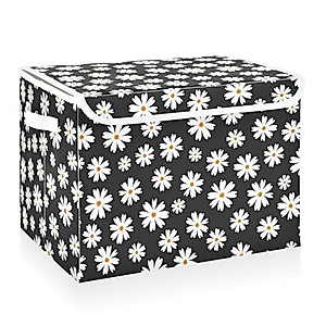 CaTaKu Large Fabric Storage Bins With Lids,Black Wildflower Daisy Storage Boxes With Handles for Organizing Clothes, Collapsible Decorative Storage Cube Bins Baskets for Shelves