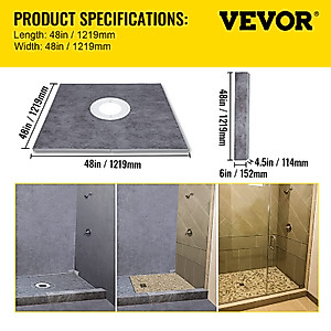 VEVOR Shower Curb Kit, 48"x48" Watertight Shower Curb Overlay with 4" PVC Central Bonding Flange, 4" Stainless Steel Grate, 2 Cuttable Shower Curb and Trowel, Shower Pan Slope Sticks Fit for Bathroom