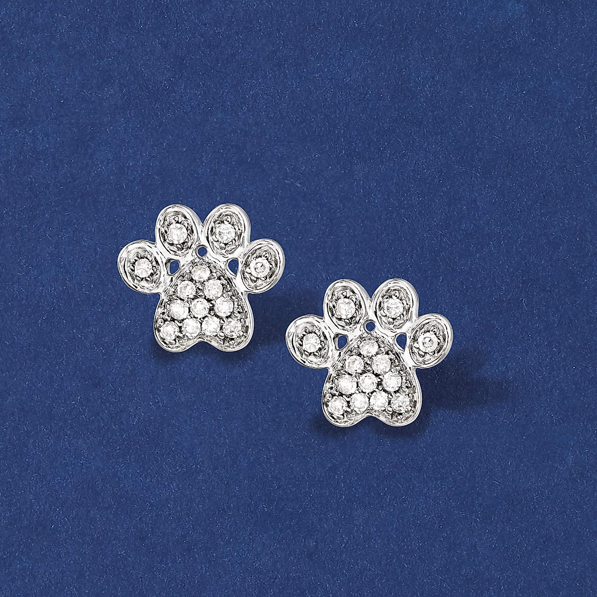 Ross-Simons Diamond-Accented Paw Print Earrings in Sterling Silver