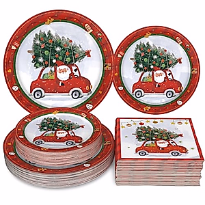 Homlouue 200 Pcs Christmas Paper Plates and Napkins, Santa Claus Car Red and White Plates and Napkins Disposable, Christmas Dinner Serves 50 Guests, Party Table Decorations