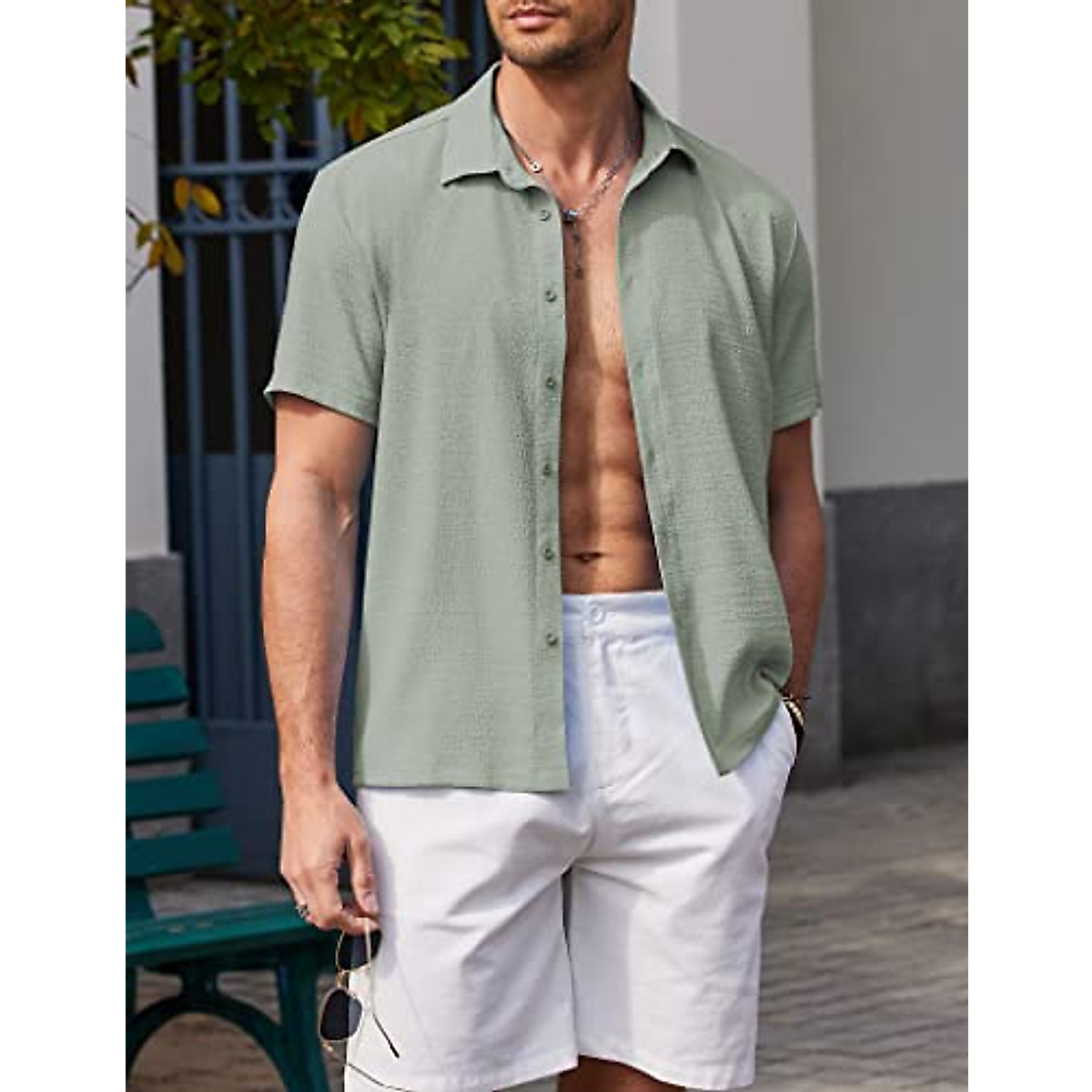 COOFANDY Men's Casual Short Sleeve Button Down Shirt Textured Summer Beach Shirt Light Green