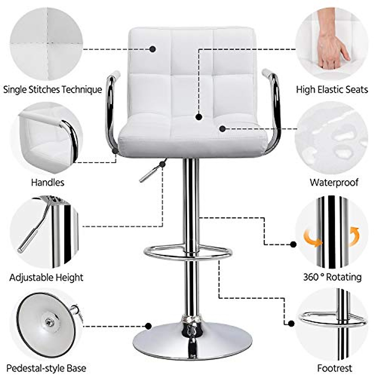 Yaheetech Tall Bar Stools Set of 2 Modern Square PU Leather Adjustable BarStools Counter Height Stools with Arms and Back Bar Chairs 360 Swivel Stool White