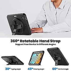 SEYMAC iPad Mini 6 Case 2021 Mini 6th Generation Case, Shockproof Protective Mini 6 Kids Case with Pencil Holder Screen Protector Hand Strap Stand Case for iPad Mini 6th Gen 8.3 Inch 2021, Black