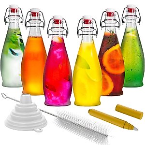 Nevlers Set of 6 | 8.5 Oz. Glass Bottle Set with Swing Top Stoppers and Includes Bottle Brush, Funnel and Gold Glass Marker | Swing Top Glass Bottles | Clear Glass Water Bottle