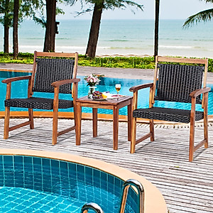 Tangkula 3-Piece Patio Acacia Wood Bistro Set, Patiojoy Outdoor Furniture Set with 2 Chairs & 1 Side Table, Weather Resistant Rattan Garden Conversation Chair Set for Pool Side, Deck, Balcony