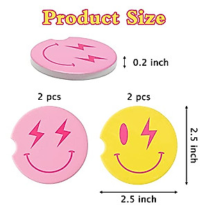 G1ngtar 4Pcs Preppy Car Coasters with Finger Notch Aesthetic Lightning Bolt Face Shaped Absorbent Ceramics Heat Resistant Anti Slip Cork Base Car Drinks Coasters Auto Accessories for College Students