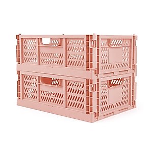 Domiella 2-Pack Crates for Storage, Storage Crates Plastic Stackable, Foldable Crate for Office Home Kitchen Bedroom Bathroom (Large, Pink)
