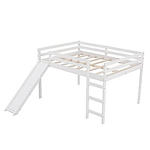 Merax Full Loft Bed with Slide, Ladder and Guardrail, No Box Spring Needed, White