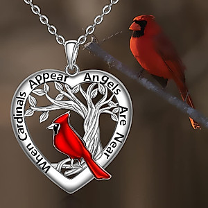 Red Cardinal Necklace for Women Sterling Silver Heart Tree of Life When Cardinal Appear Angels Are Near Necklace Pendant Memorial Bird Jewelry Gifts