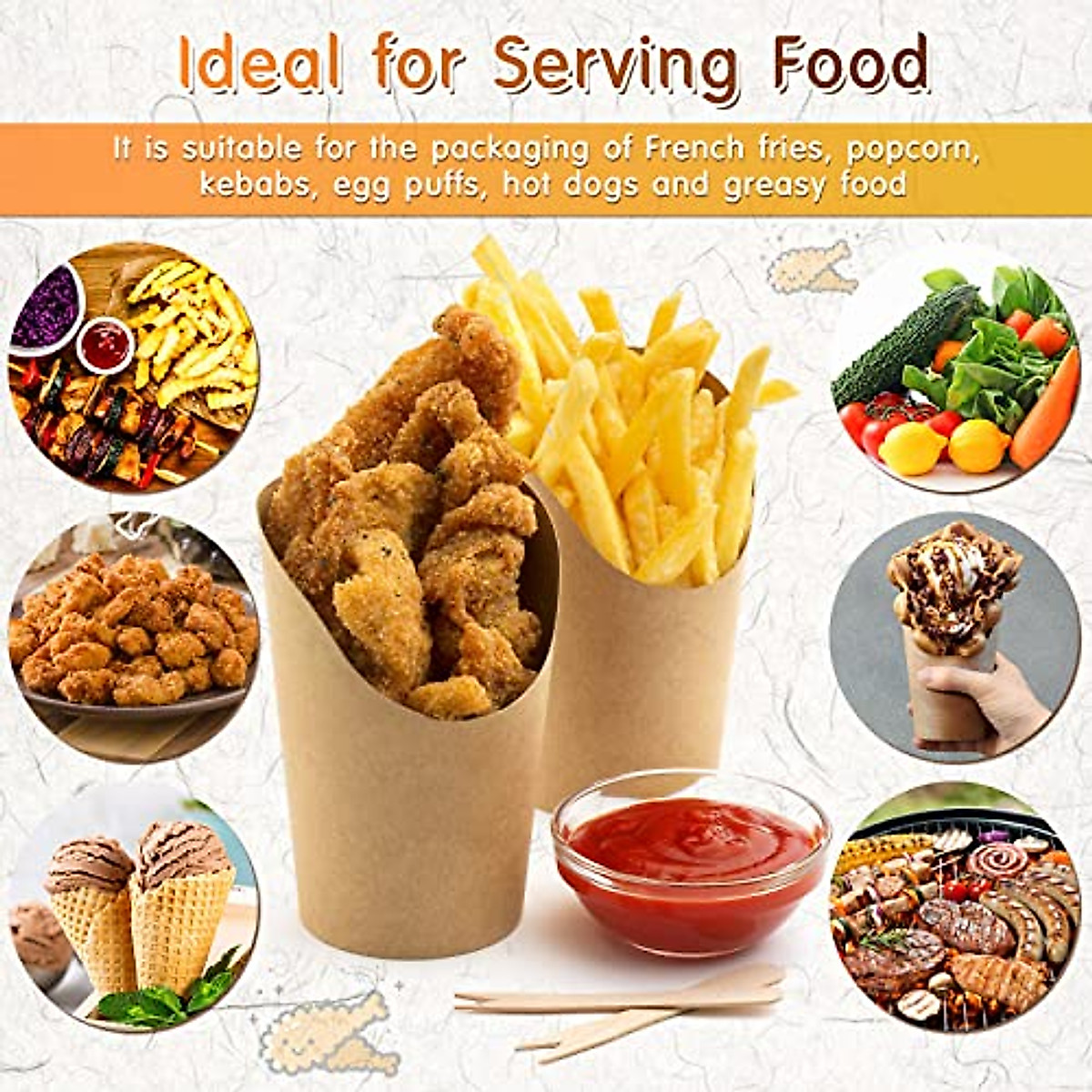 French Fries Holder 12oz French Fry Cups Disposable Paper Charcuterie Cups Popcorn Kraft Paper Cones Holder Brown Kraft Paper Food Fries Cup French Fry Paper Holder for Wedding Party Food(100 Pcs)