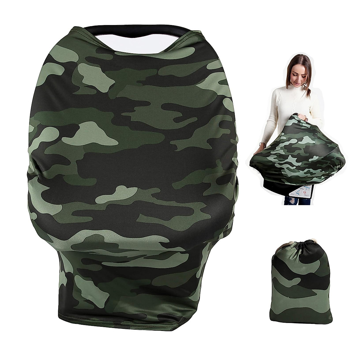 TUOKING Car Seat Covers for Babies, Multi-Use Cover-Silky Mom Nursing Cover Infant Breastfeeding Scarf Shopping Cart High Chair Ultra-Soft Stretchy for Boys and Girls Camo