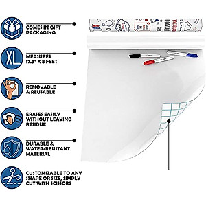 Kassa Whiteboard Wall Sticker Roll - 17.3 in Wide x 8 Ft Long with 3 Dry Erase Markers, Ideal for Classroom, Home, and Office Use - Customizable Adhesive Whiteboard & Can Stick on Any Flat Surface